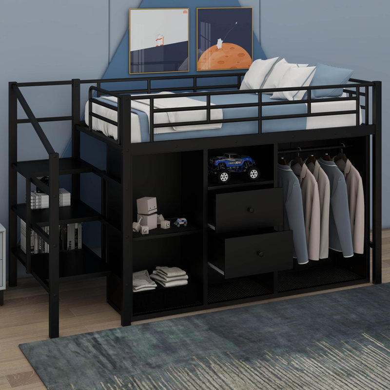 Harriet Bee Sandin Full Size Metal Loft Bed with Drawers, Storage Staircase and Small Wardrobe ...